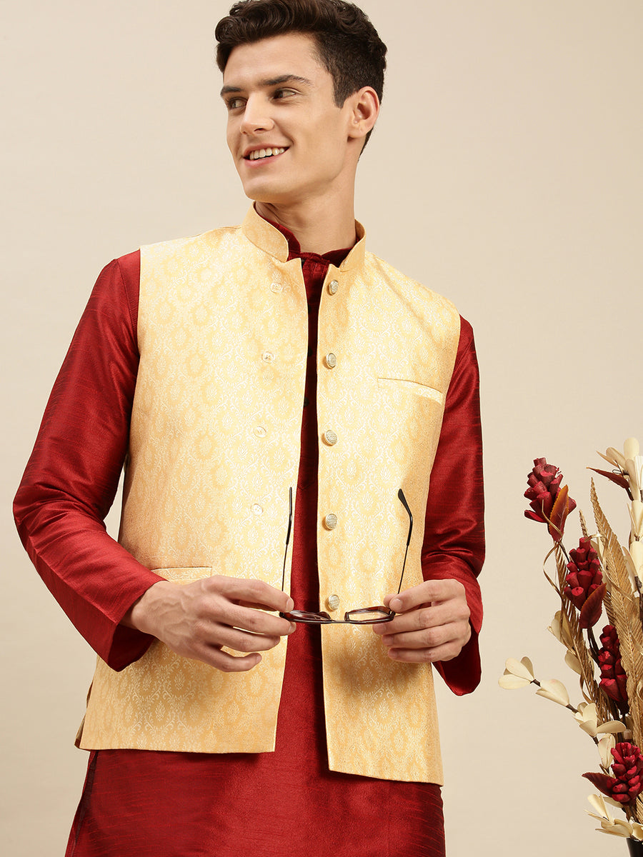 Sanwara Men's Light Gold Printed Art Silk Ethnic Bandi Jacket – Sanwara Fashions