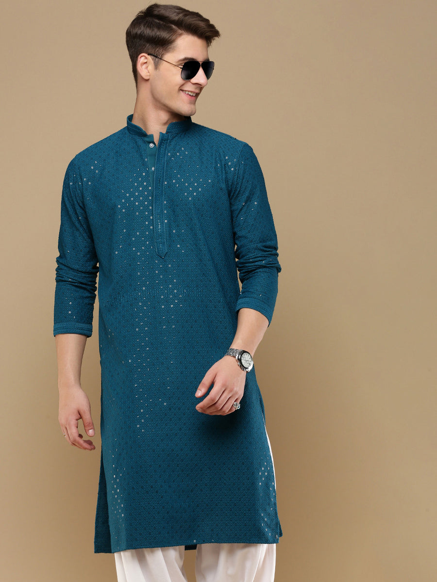 Dapper & Dazzling Men's Solid Firozi Chikankari With Sequins Party Wea ...