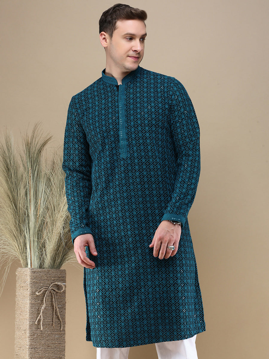 Dapper & Dazzling Men's Solid Firozi Chikankari With Sequins Touch Up ...