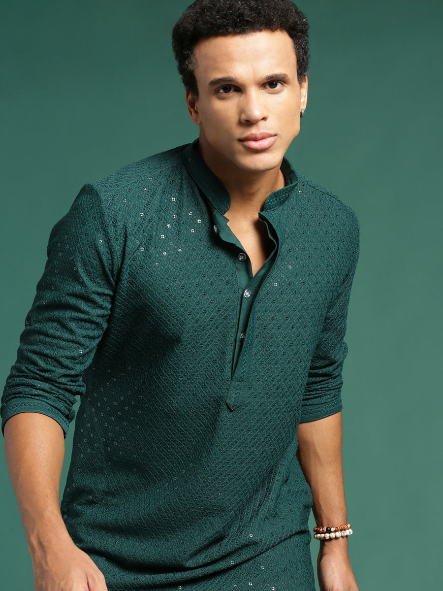 Dapper & Dazzling Men's Solid Deep Green Chikankari With Sequins Party ...