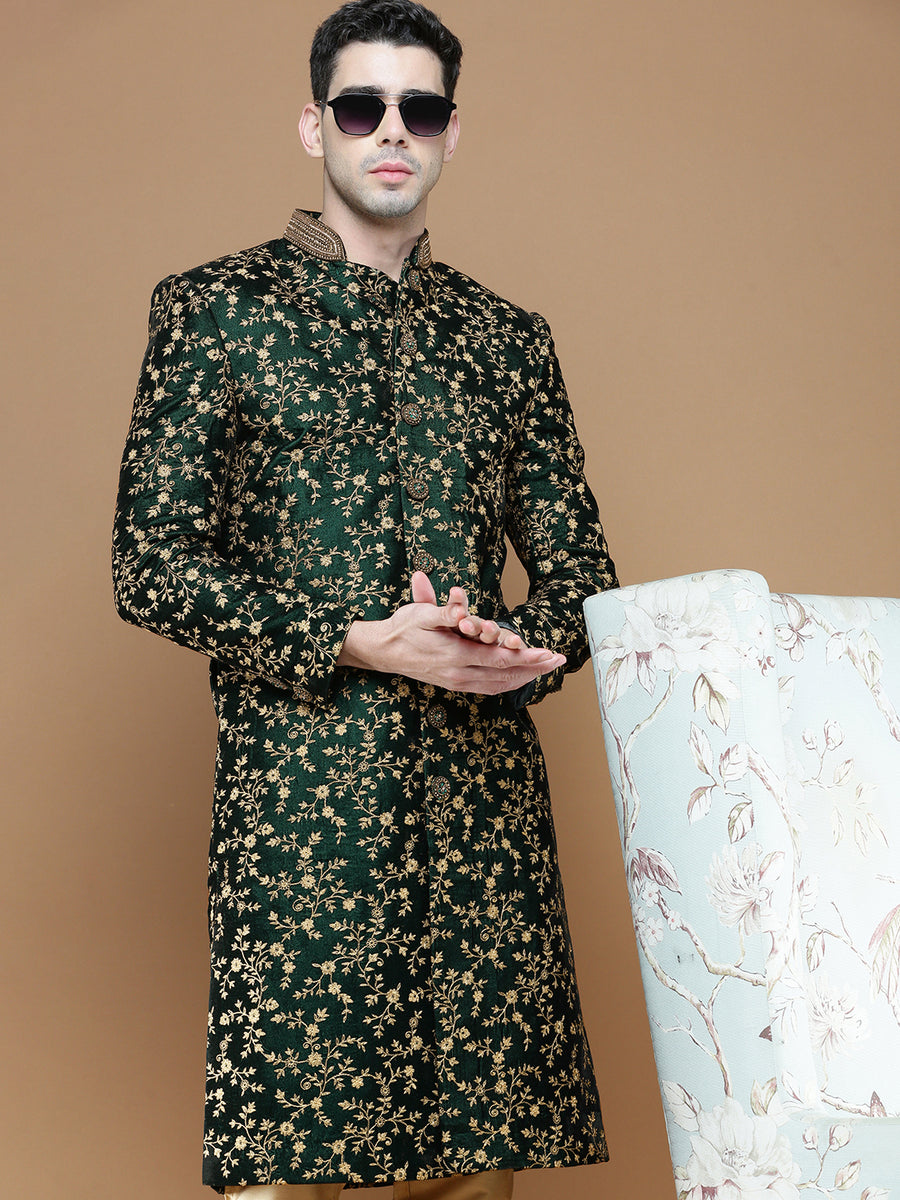 Exquisite Deep Green Velvet Floral Embroidered Men's Sherwani with Pay ...