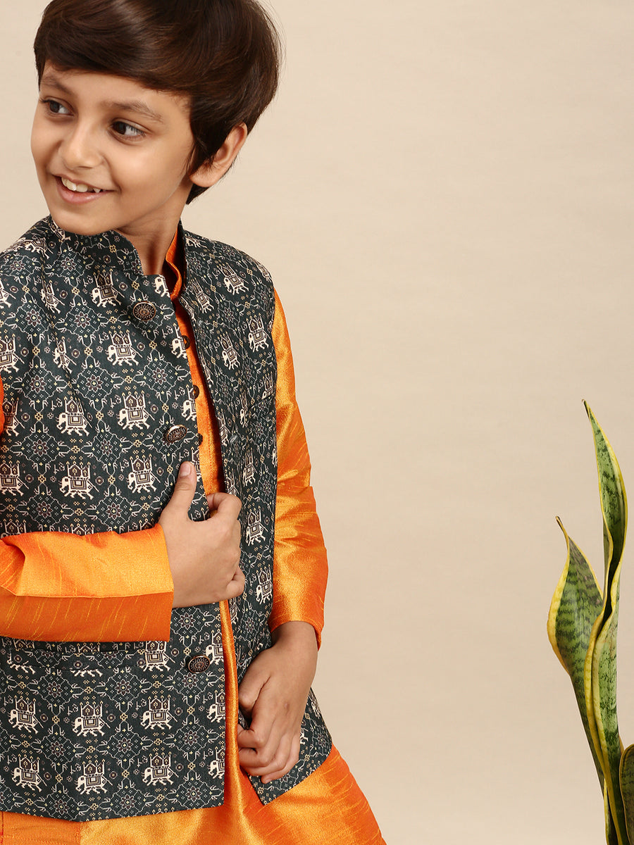Sanwara Boys Printed Fourleaf Green Ethnic Motifs Bandi Jacket ...