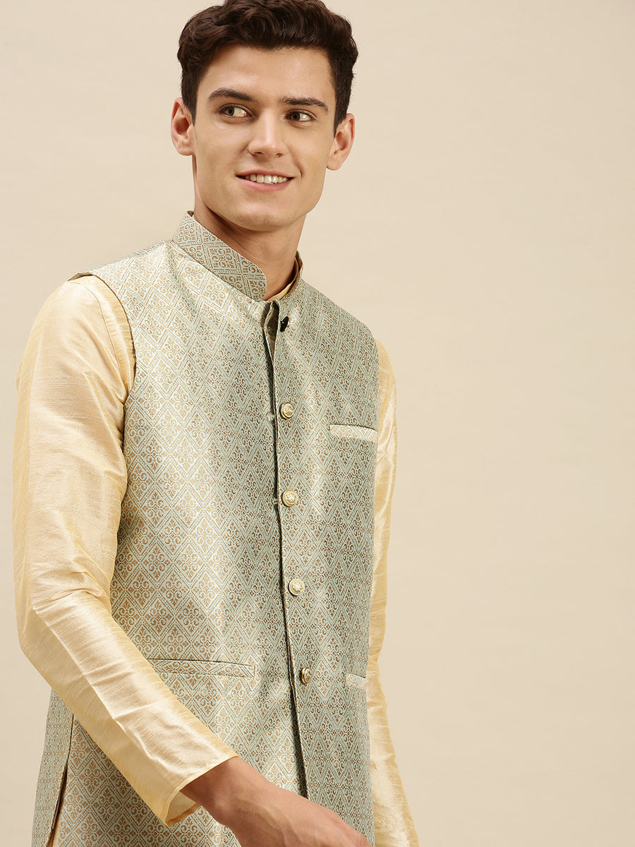 Sanwara Men's Steel Green Printed Art Silk Ethnic Bandi Jacket ...